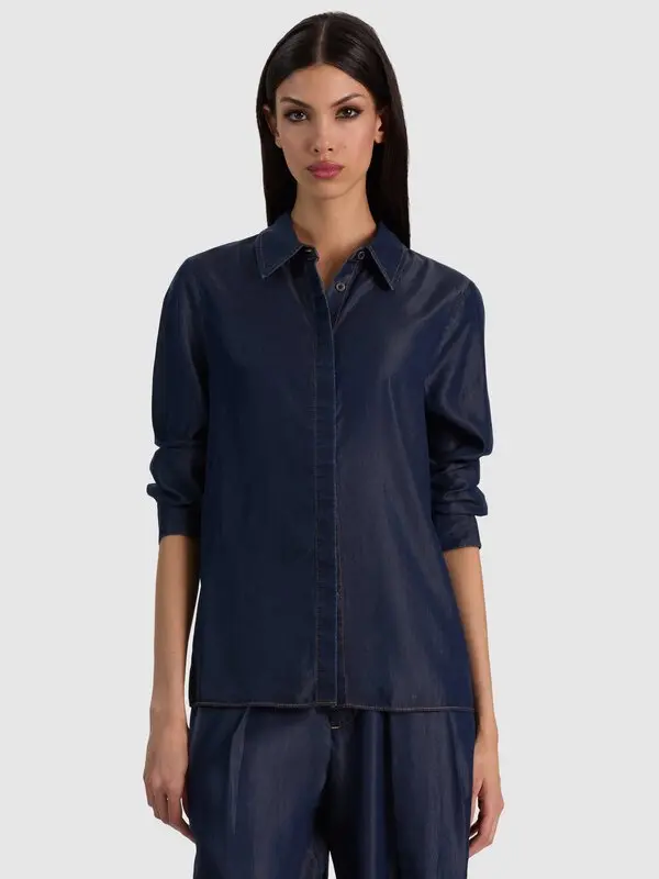 Alice + Olivia Willa Denim Blouse - Dark Rinse
