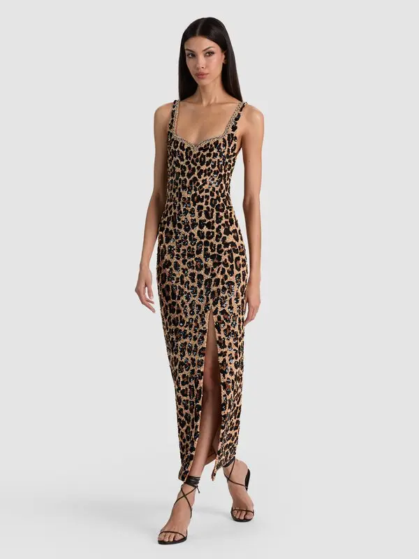 Alice + Olivia Eve Embellished Leopard Print Midi Gown