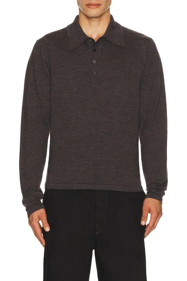 LEMAIRE Long Sleeve Knitted Polo Top In Brown - Ecorce
