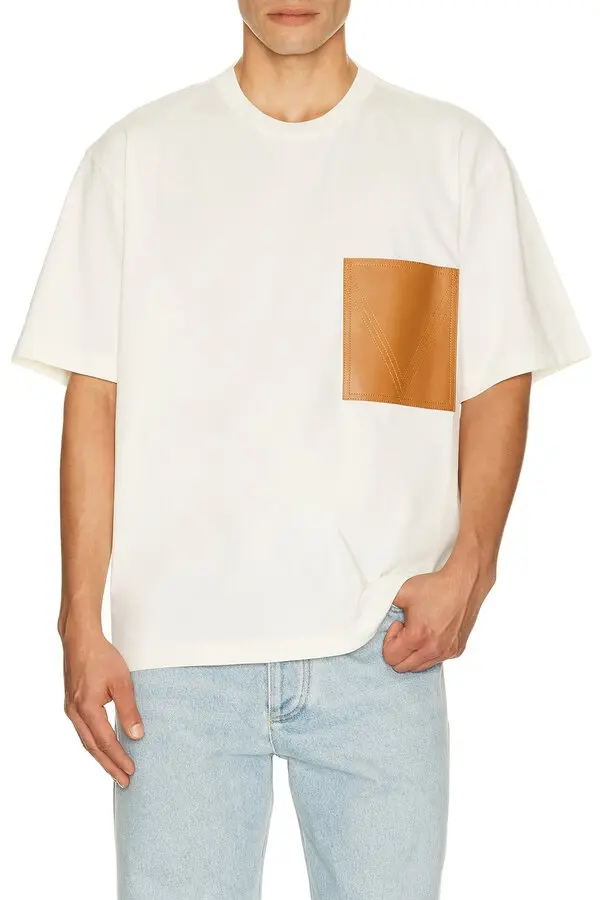 Bottega Veneta Two Ply Cotton Tee Shirt Leather Pocket In Cream