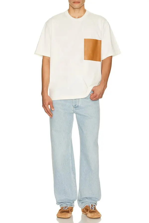Bottega Veneta Two Ply Cotton Tee Shirt Leather Pocket In Cream