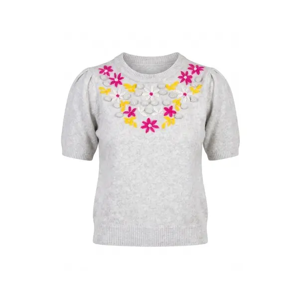 TANTRA SPAIN SL Embroidered Floral Short-sleeve Sweater - Grey