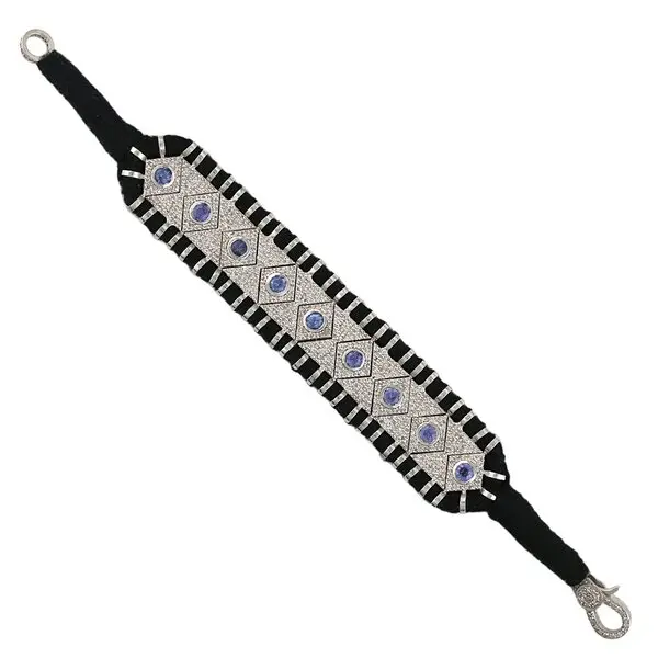 ARTISAN 925 Sterling Silver Diamond And Tanzanite Bracelet With Black Cord - White