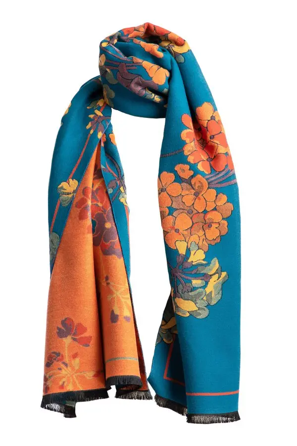 Saachi Two Tone Floral Reversible Turquoise Scarf
