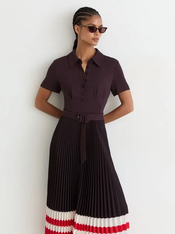 REISS Ayla Pleated Midi Dress With Striped Hem