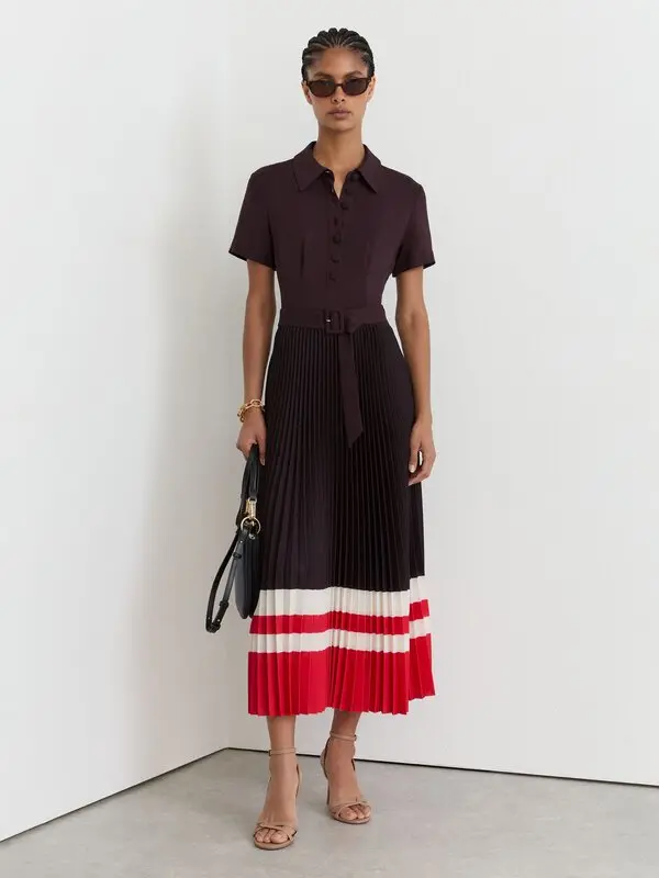 REISS Ayla Pleated Midi Dress With Striped Hem