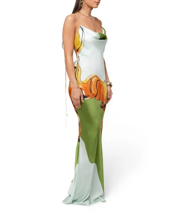 JLUXLABEL Tropical Print Golden Touch Satin Maxi Dress