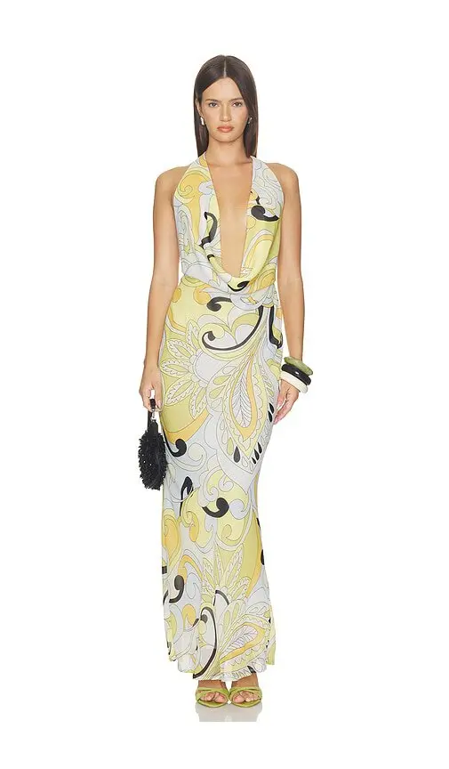 RUNAWAY THE LABEL Lexie Low Plunge Halter Maxi Dress In Yellow - Pelicano Multi