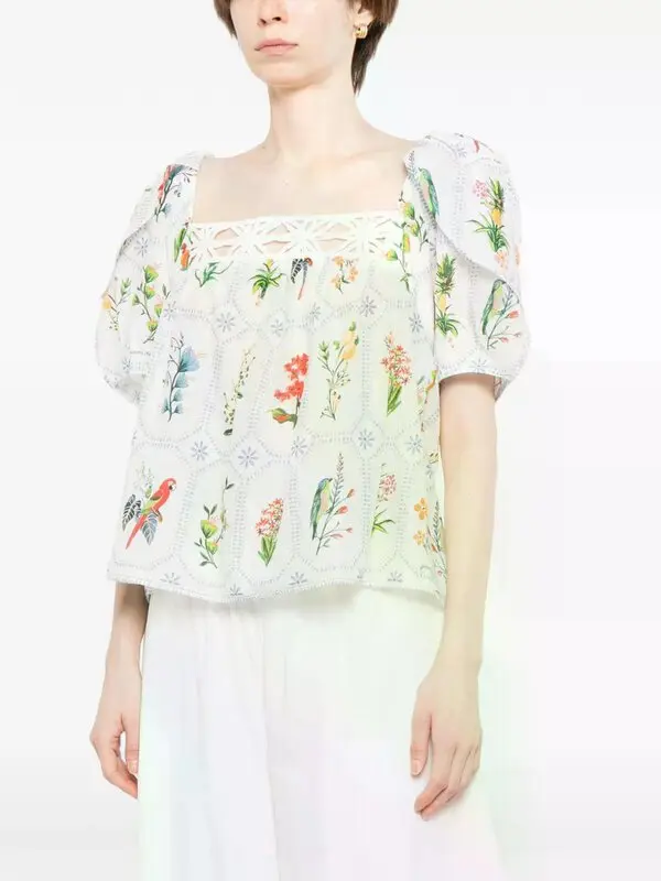 Farm Rio Tropical Porcelain Puff-sleeve Blouse