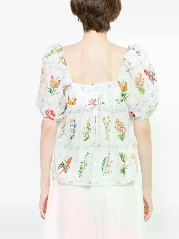 Farm Rio Tropical Porcelain Puff-sleeve Blouse