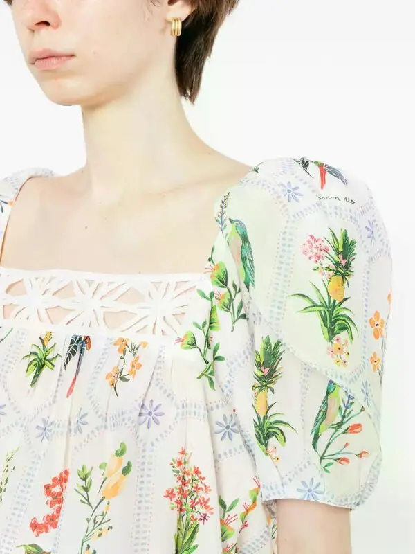 Farm Rio Tropical Porcelain Puff-sleeve Blouse