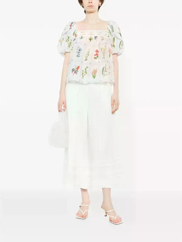 Farm Rio Tropical Porcelain Puff-sleeve Blouse - White