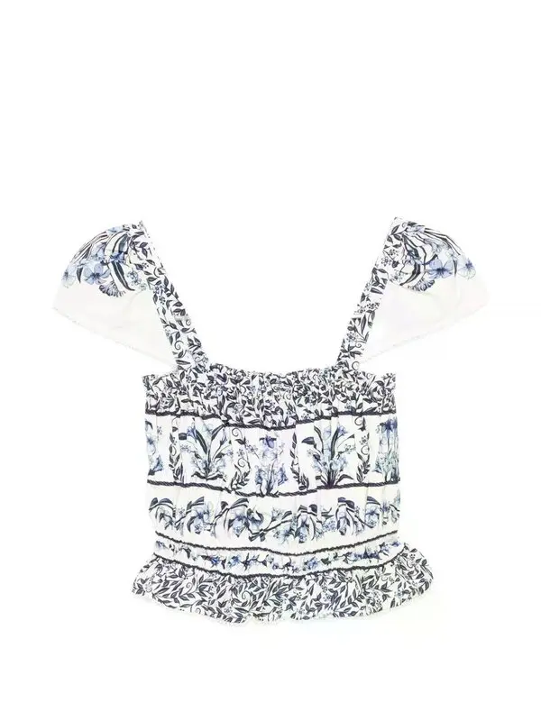 Farm Rio Floral-print Gathered Blouse - White