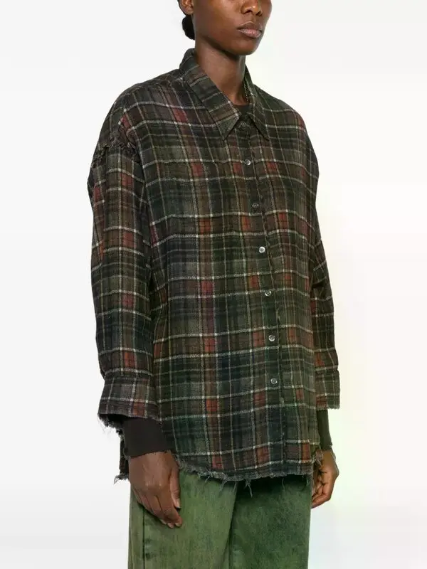 R13 Reversible Plaid Check Distressed Cotton Shirt