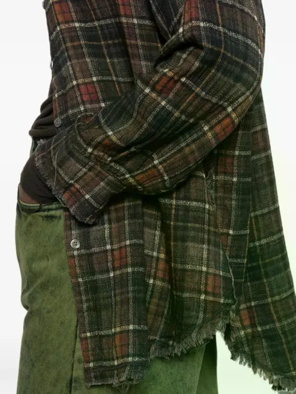 R13 Reversible Plaid Check Distressed Cotton Shirt