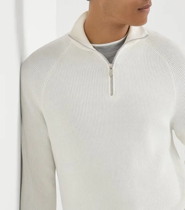 Brunello Cucinelli Cotton Rib-knit Quarter-zip Sweater - White