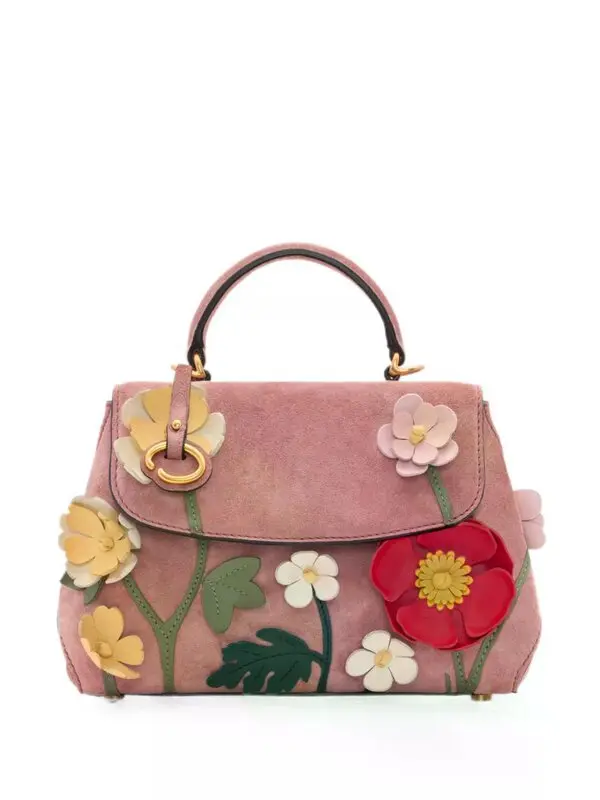 Oscar De La Renta Mini Poppy Floral-appliqué Suede Tote Bag - Pink