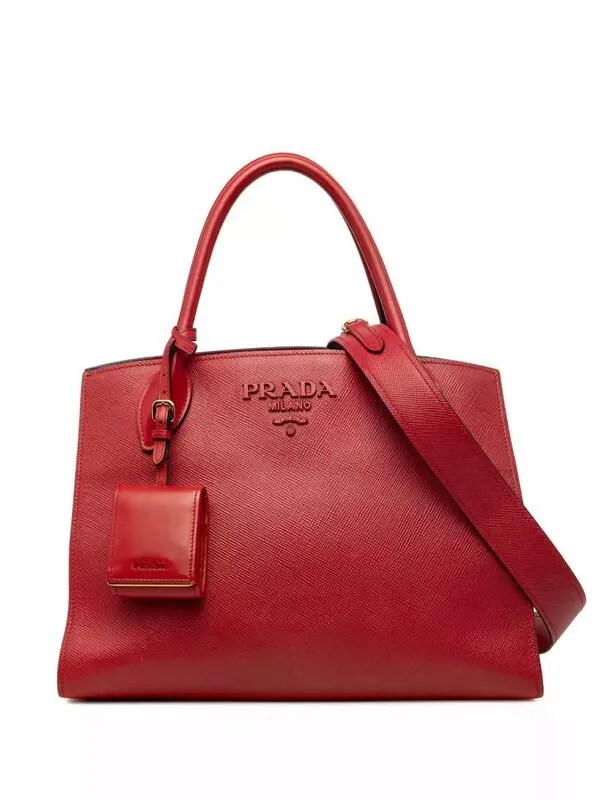 Prada Saffiano Cuir Monochrome Top Handle Tote - Red