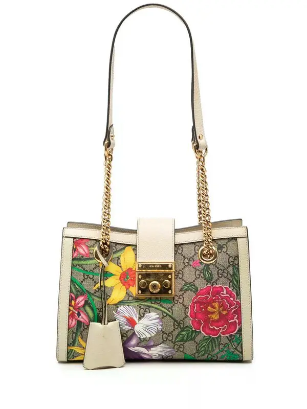 Gucci 2000-2015 Small Gg Supreme Flora Padlock Tote Bag - Neutrals