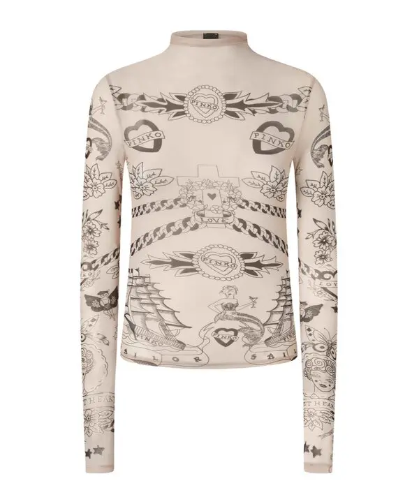 Pinko Graphic Print Mesh Long Sleeve Top