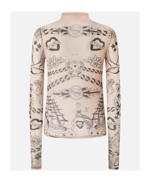 Pinko Graphic Print Mesh Long Sleeve Top