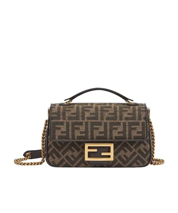 Fendi Baguette Midi Shoulder Bag With Ff Pattern And Gold Tone Hardware - Black