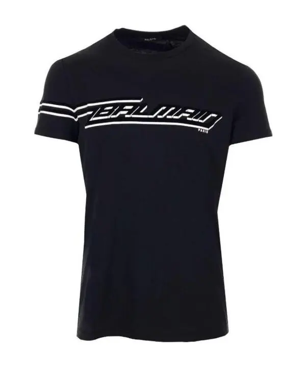 Balmain Flocked Cotton T-shirt With White Logo Print