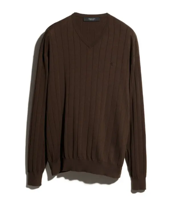 Gucci Ribbed V-neck Sweater With Double G Embroidery - Dark Brown