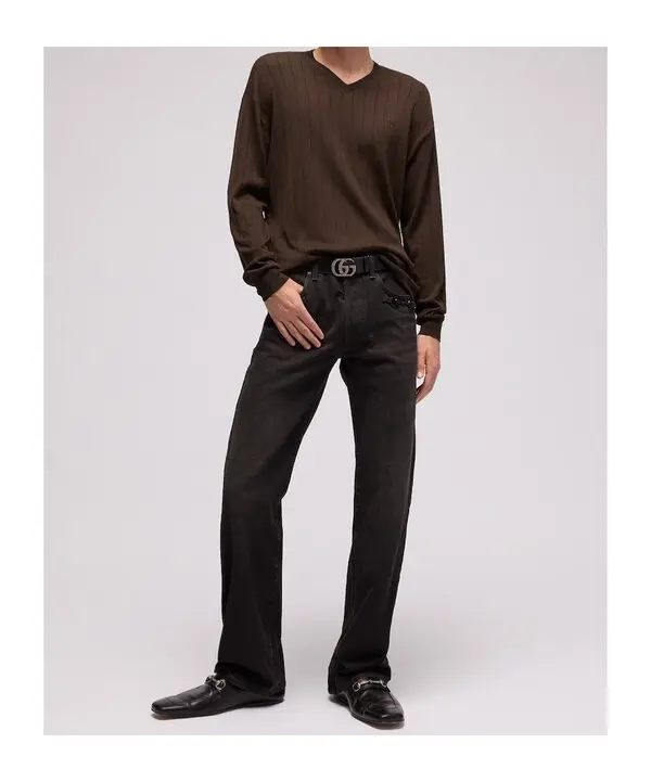 Gucci Ribbed V-neck Sweater With Double G Embroidery - Dark Brown