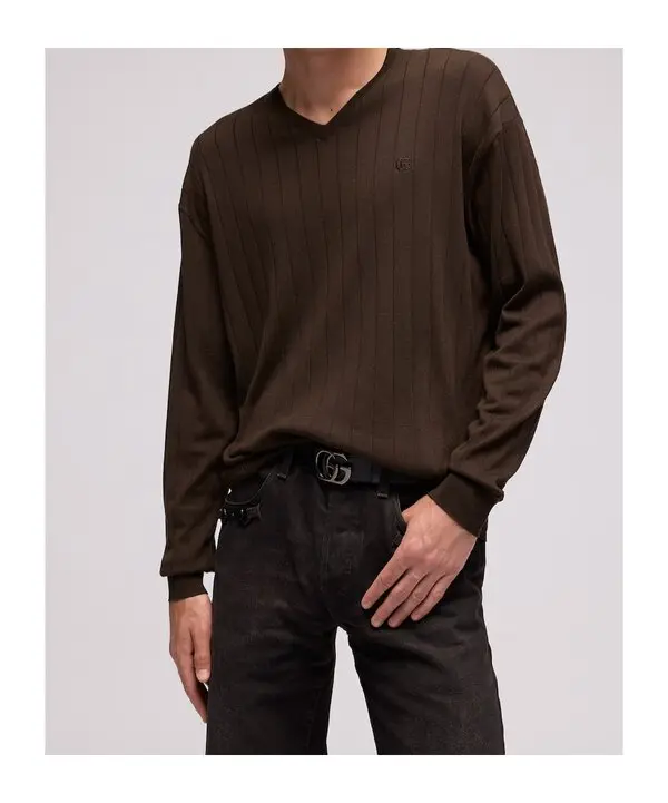 Gucci Ribbed V-neck Sweater With Double G Embroidery - Dark Brown