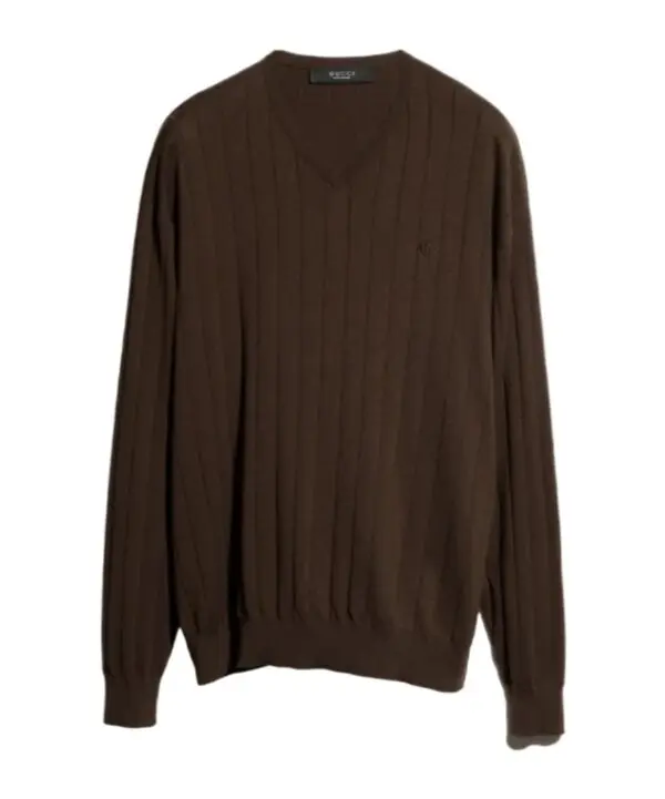 Gucci Ribbed V-neck Sweater With Double G Embroidery - Dark Brown