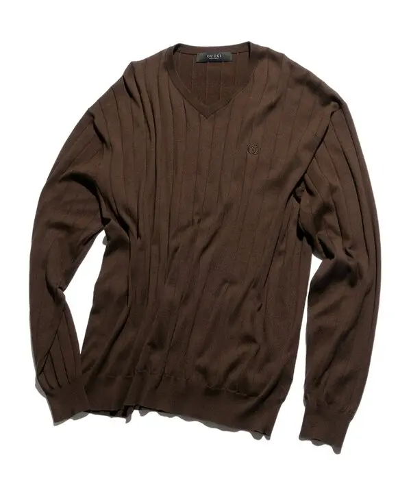 Gucci Ribbed V-neck Sweater With Double G Embroidery - Dark Brown