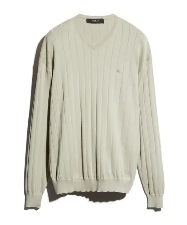 Gucci Ribbed Silk Cotton V-neck Sweater - Light Brown