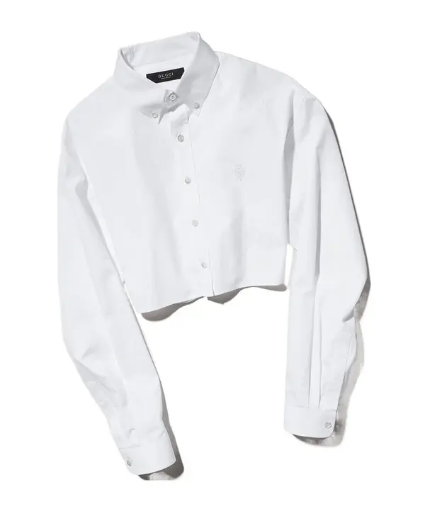 Gucci Cropped Cotton Poplin Shirt With Crest Embroidery