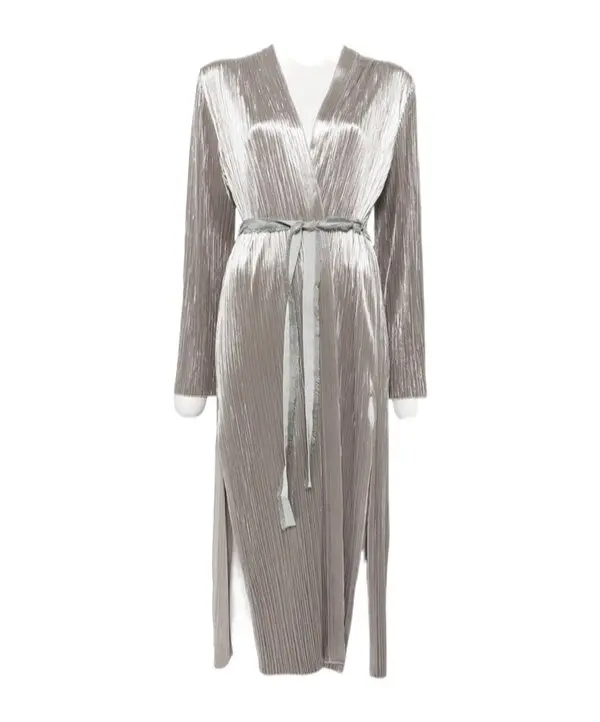 FORTE_FORTE Long Sleeve Pleated Maxi Dress With Front Tie Detail And Side Slits