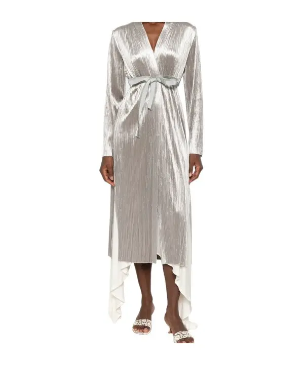 FORTE_FORTE Long Sleeve Pleated Maxi Dress With Front Tie Detail And Side Slits