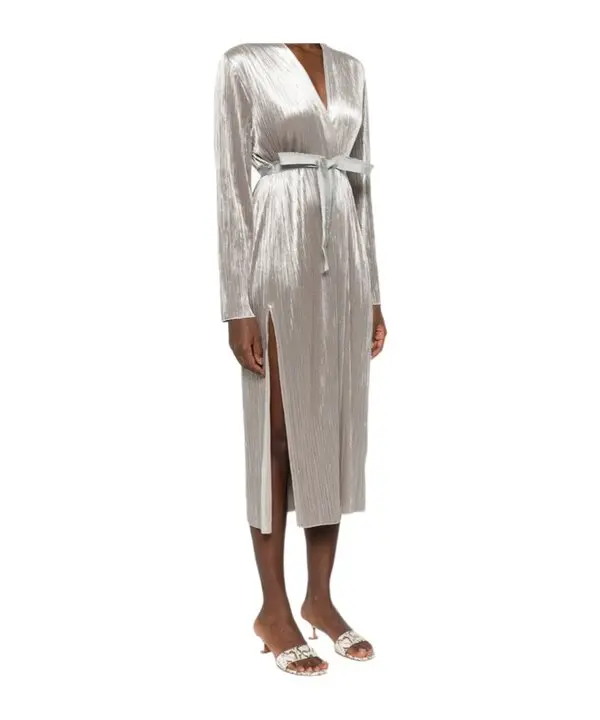 FORTE_FORTE Long Sleeve Pleated Maxi Dress With Front Tie Detail And Side Slits