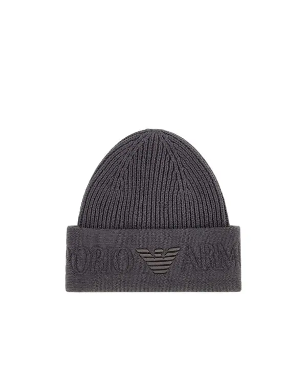 Emporio Armani Ribbed Virgin Wool Beanie Hat - Grey