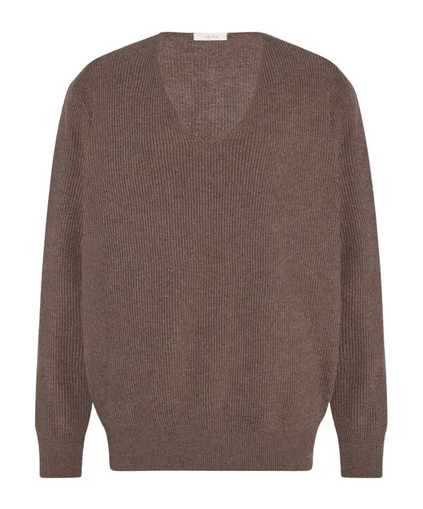 THE ROW Ribbed V-neck Long Sleeve Sweater - Fudge
