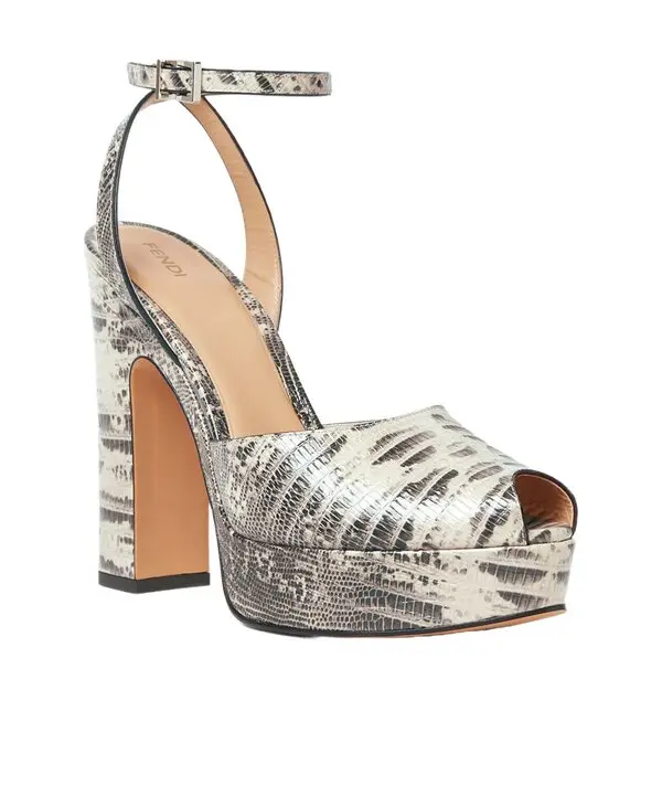 Fendi Parchment And Black Printed Calfskin Platform Sandals