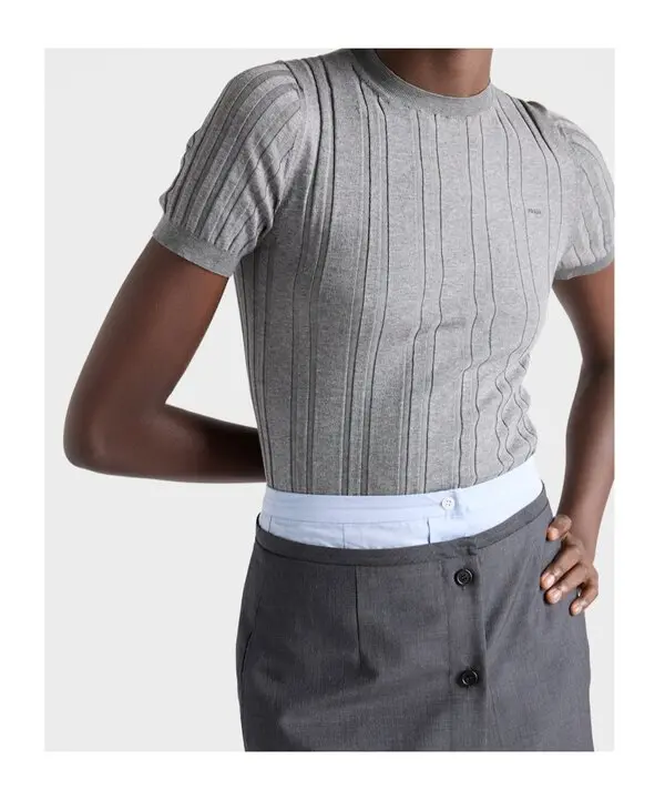 Prada Short-sleeved Ribbed Knit Cotton Sweater