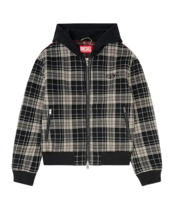 DIESEL® Check Flannel Bomber Jacket With Teddy Interior - Gray/black