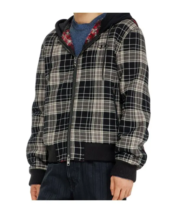 DIESEL® Check Flannel Bomber Jacket With Teddy Interior - Gray/black