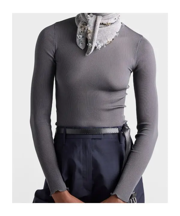 Prada Ribbed Knit Long Sleeve Top - Lead Ash