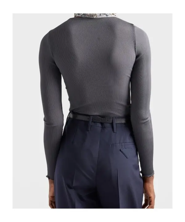 Prada Ribbed Knit Long Sleeve Top - Lead Ash