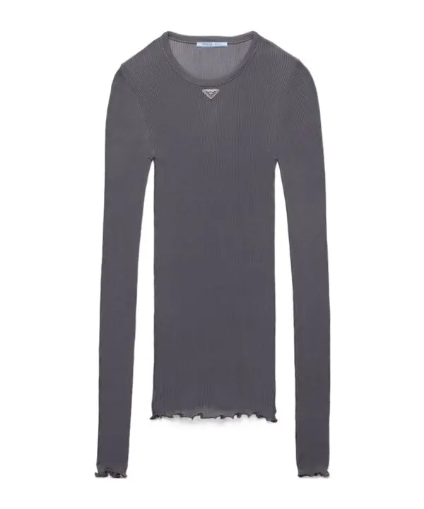 Prada Ribbed Knit Long Sleeve Top - Lead Ash