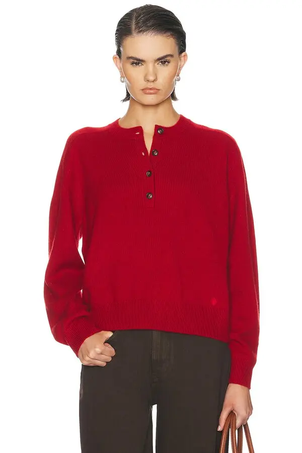 Loulou De Saison Malo Oversized Saddle-sleeve Henley Sweater In Red M�lang� In Red - Red M?lang?