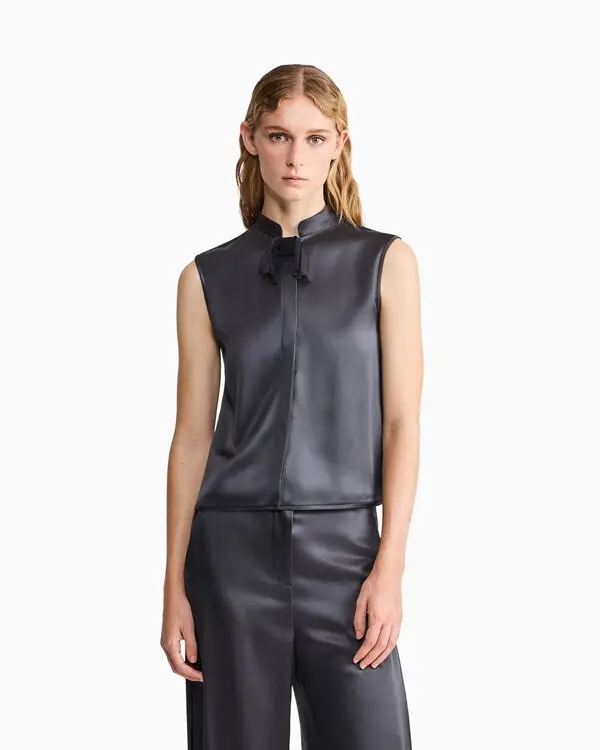 Giorgio Armani Sleeveless Silk Satin Shirt With Mandarin Collar - Grey