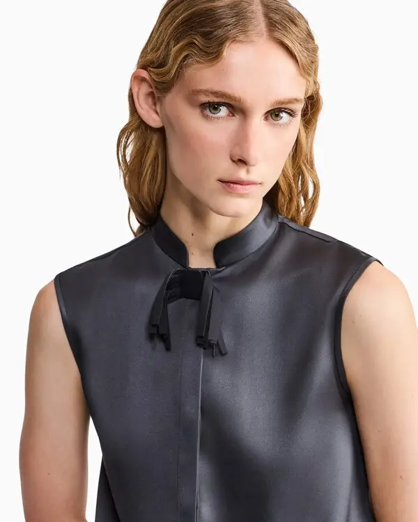 Giorgio Armani Sleeveless Silk Satin Shirt With Mandarin Collar - Grey