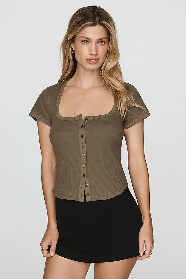PILCRO Square Neck Button-front Cardigan Top - Burnt Olive